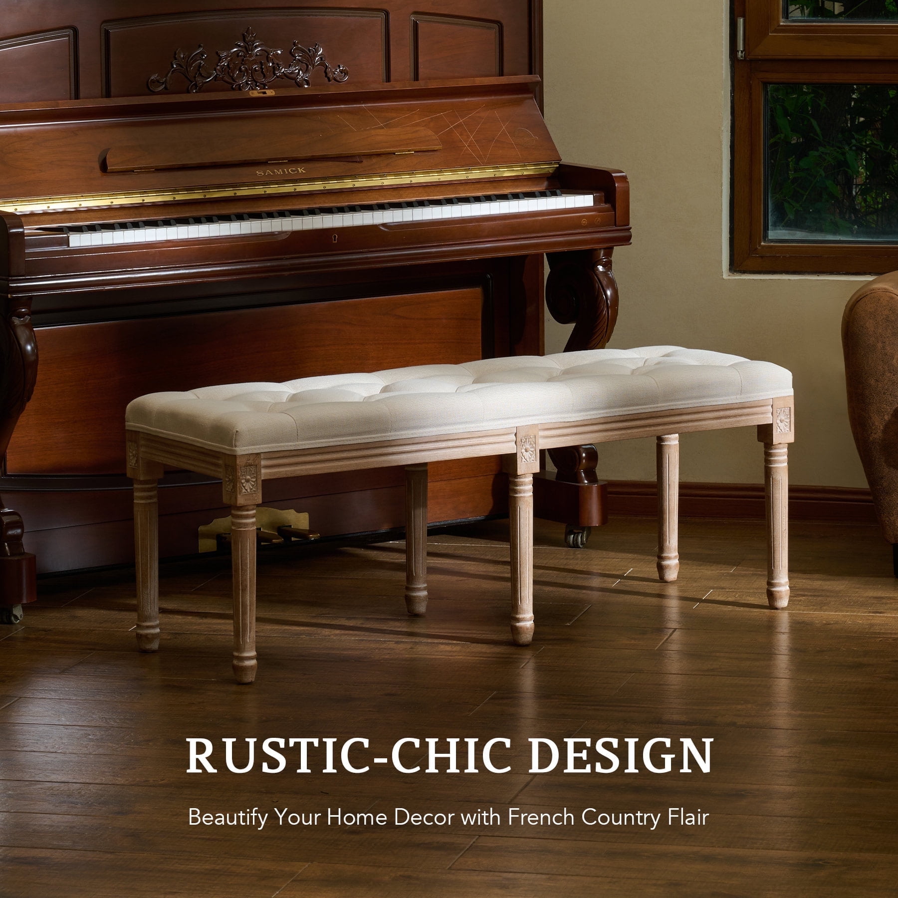 "Vintage Style 45""Beige Ottoman Bench with Storage Shelf, Rustic Chic ...