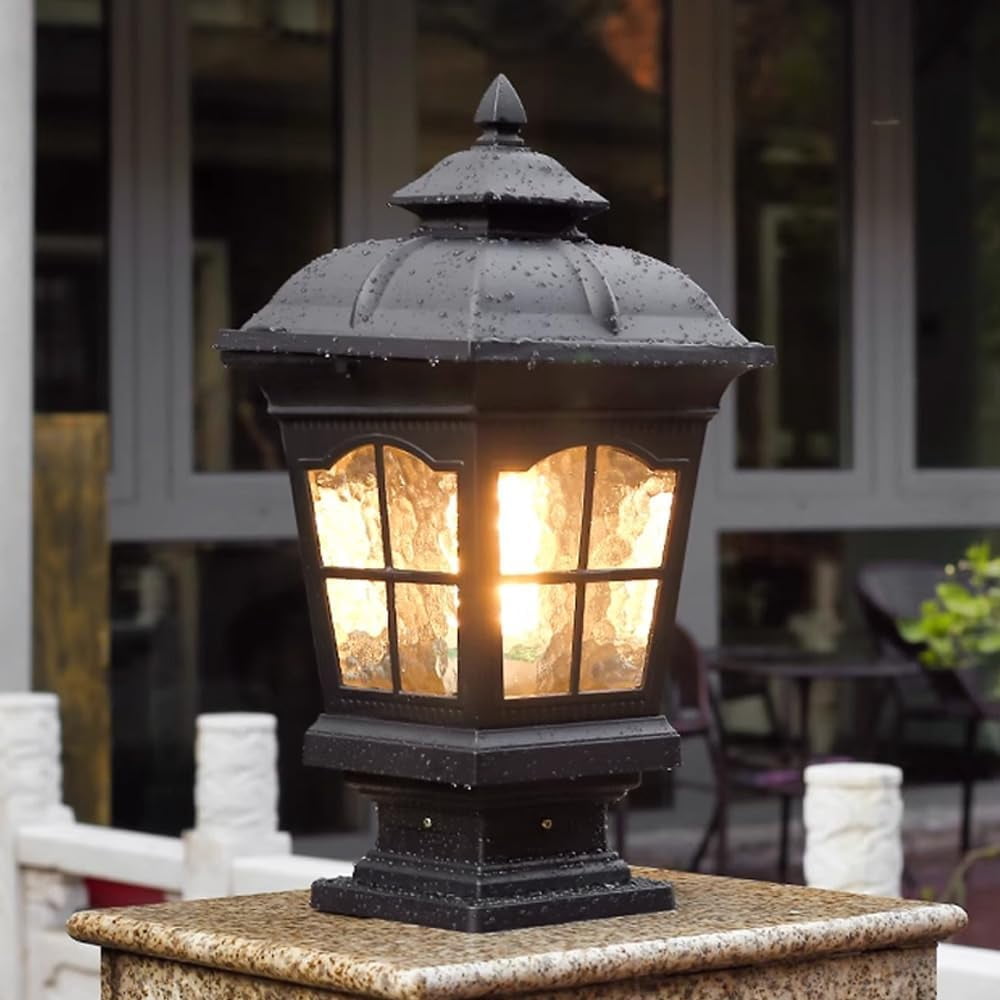 Vintage Outdoor Column Light E26 Fence Pillar Lantern with Glass Shade ...