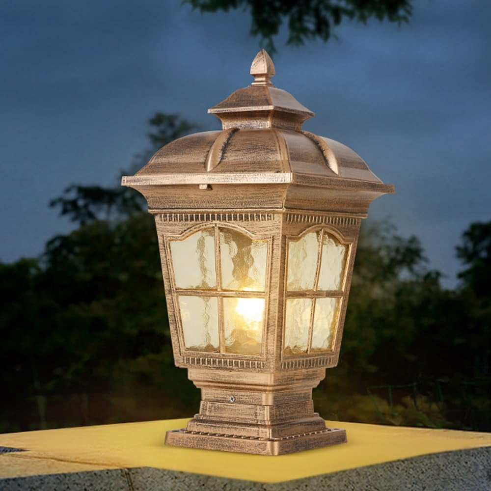 Vintage Outdoor Column Light E26 Fence Pillar Lantern with Glass Shade ...