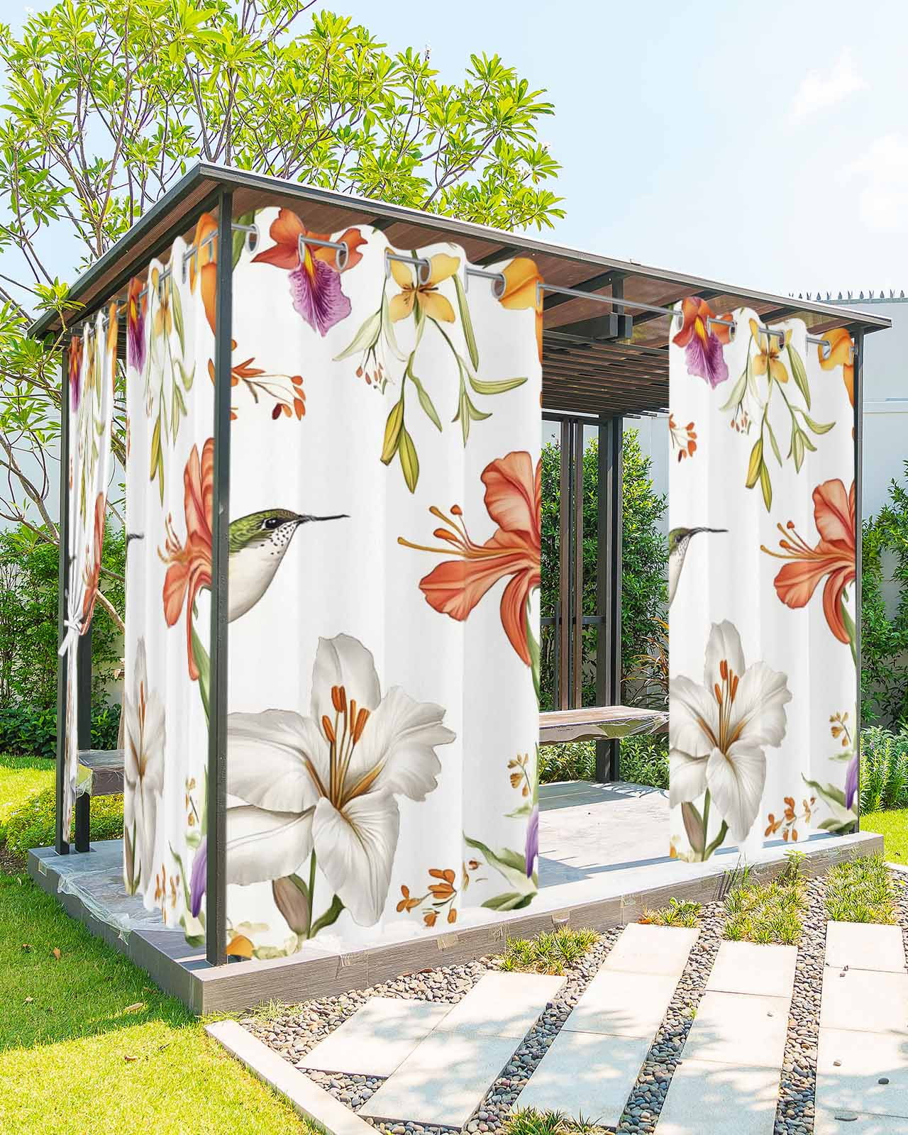 Vintage Outdoor Curtains for Patio, Spring Hummingbird Flower Field ...