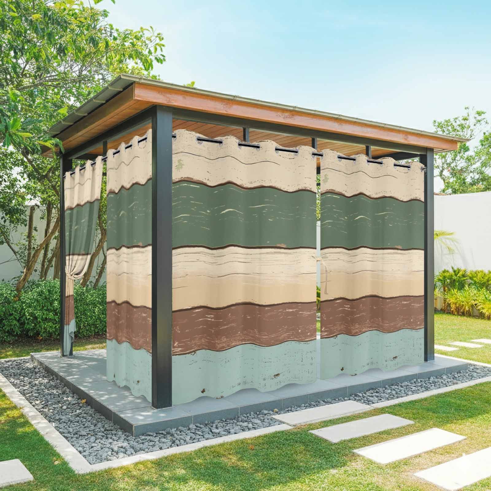 Vintage Outdoor Curtains for Patio Waterproof, Brown Green Stripes ...