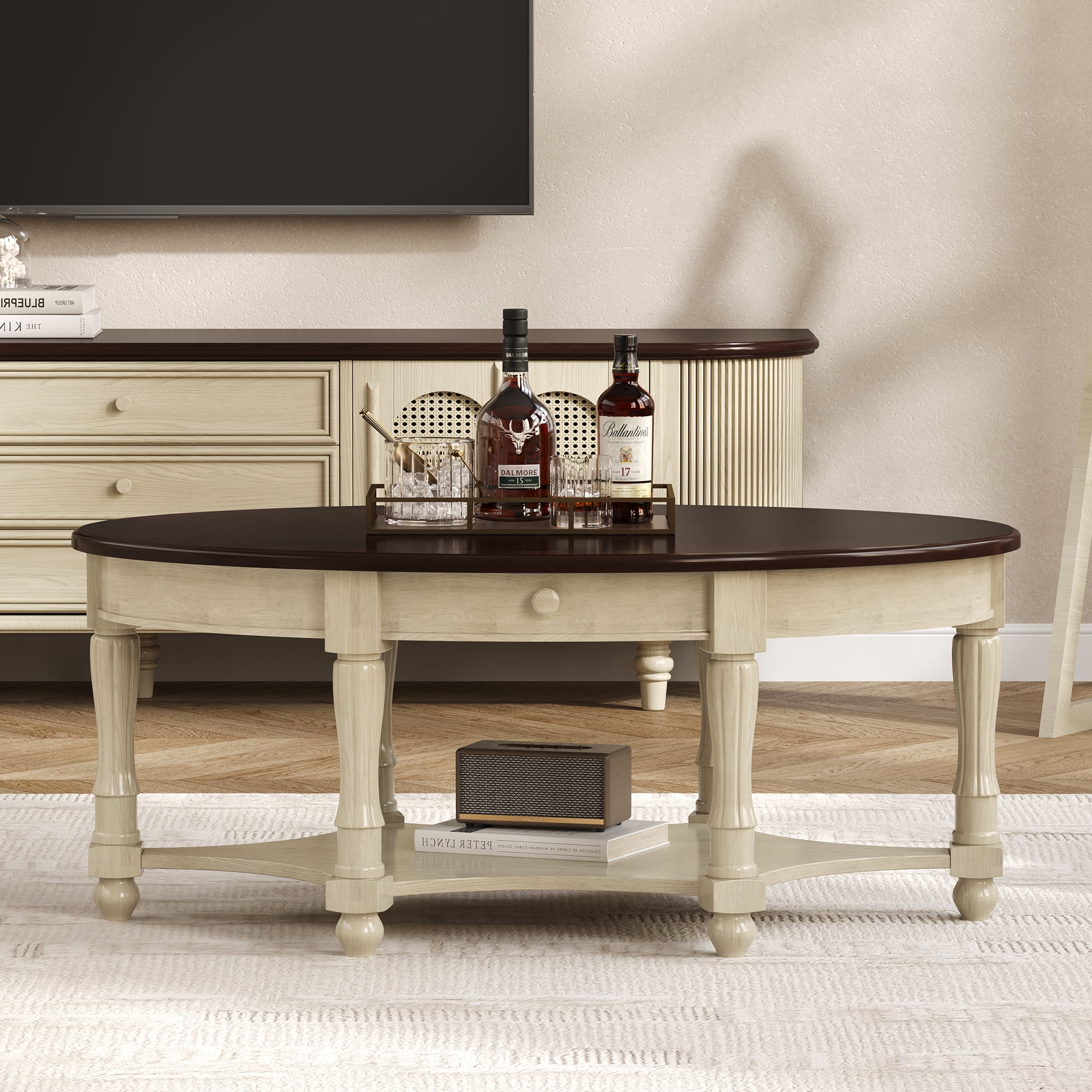 Vintage Oval Coffee Table with Drawer and Storage Shelf, Antique ...