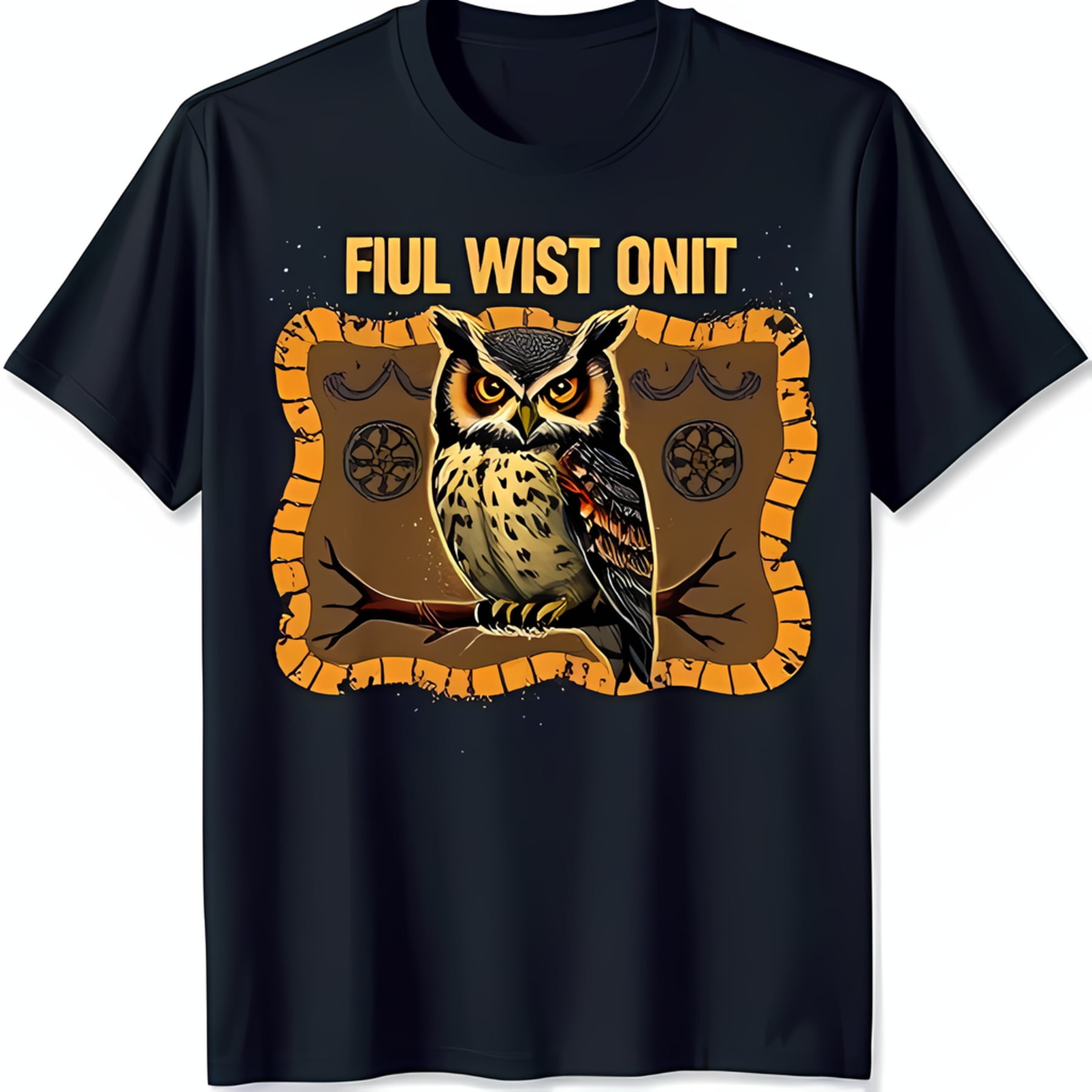 Vintage Owl Graphic T-Shirt 'FIUL WIST ONIT' Design on Black Tee ...