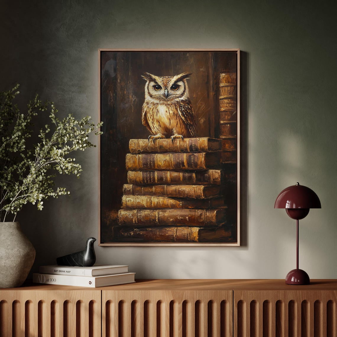 Vintage Owl Library - Wise Owl On Books Painting, Rustic Study Decor ...