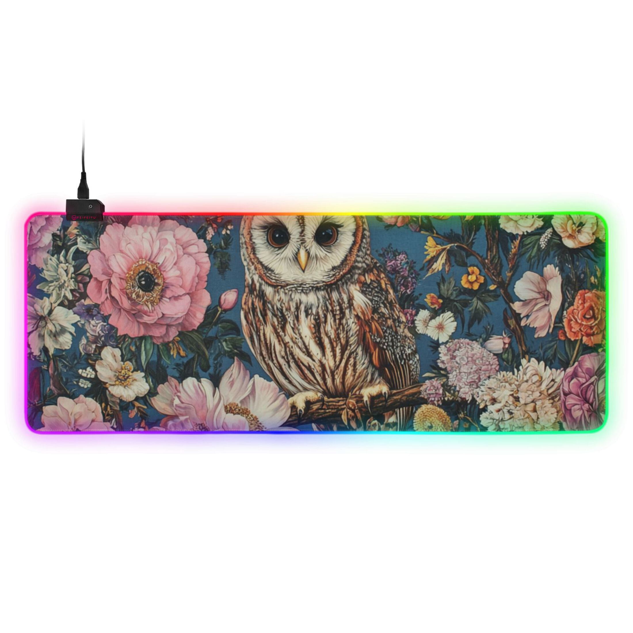 Vintage Owl and Flowers RGB Gaming Mouse Pad Large Keyboard Mat Rubber ...