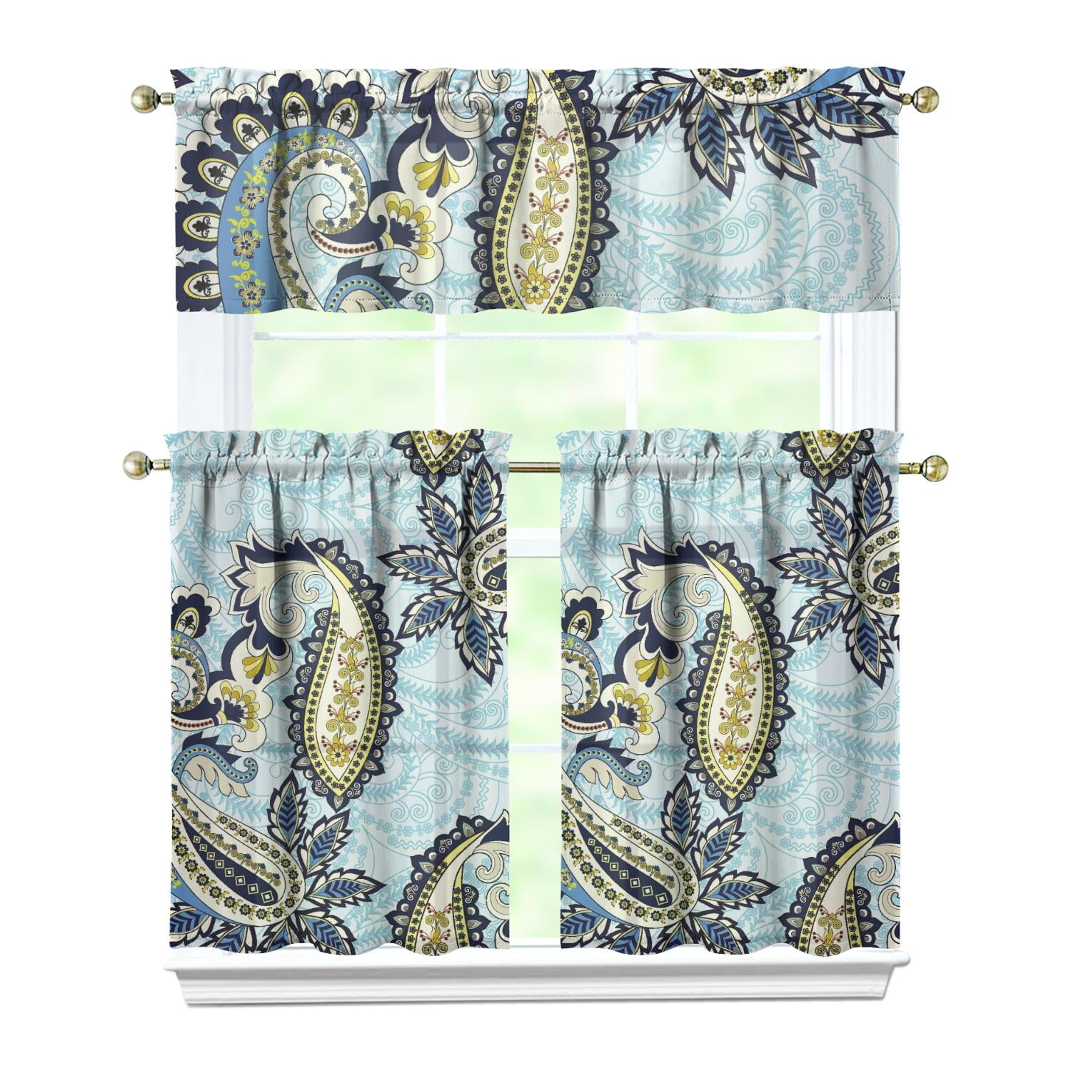 Vintage Paisley Pattern Kitchen Curtains - 3 PC Set Artistic Ethnic ...