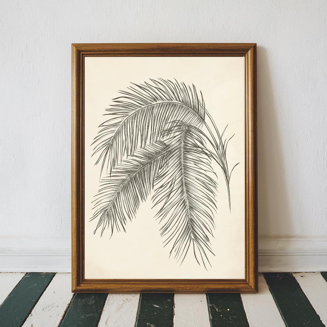 Vintage Palm Leaf Botanical Print, Minimalist Tropical Wall Art, Black ...