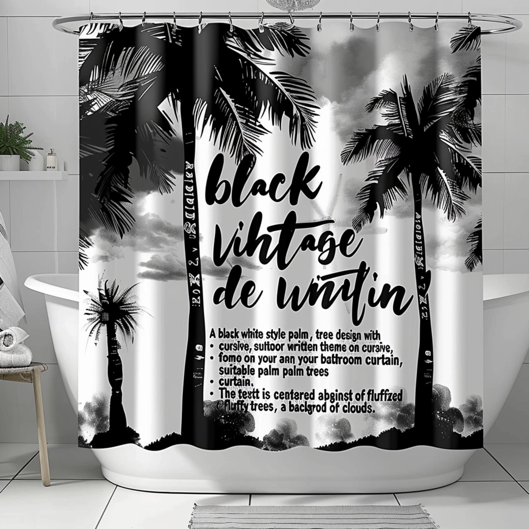Vintage Palm Tree Shower Curtain with Elegant Cursive Script Transform ...