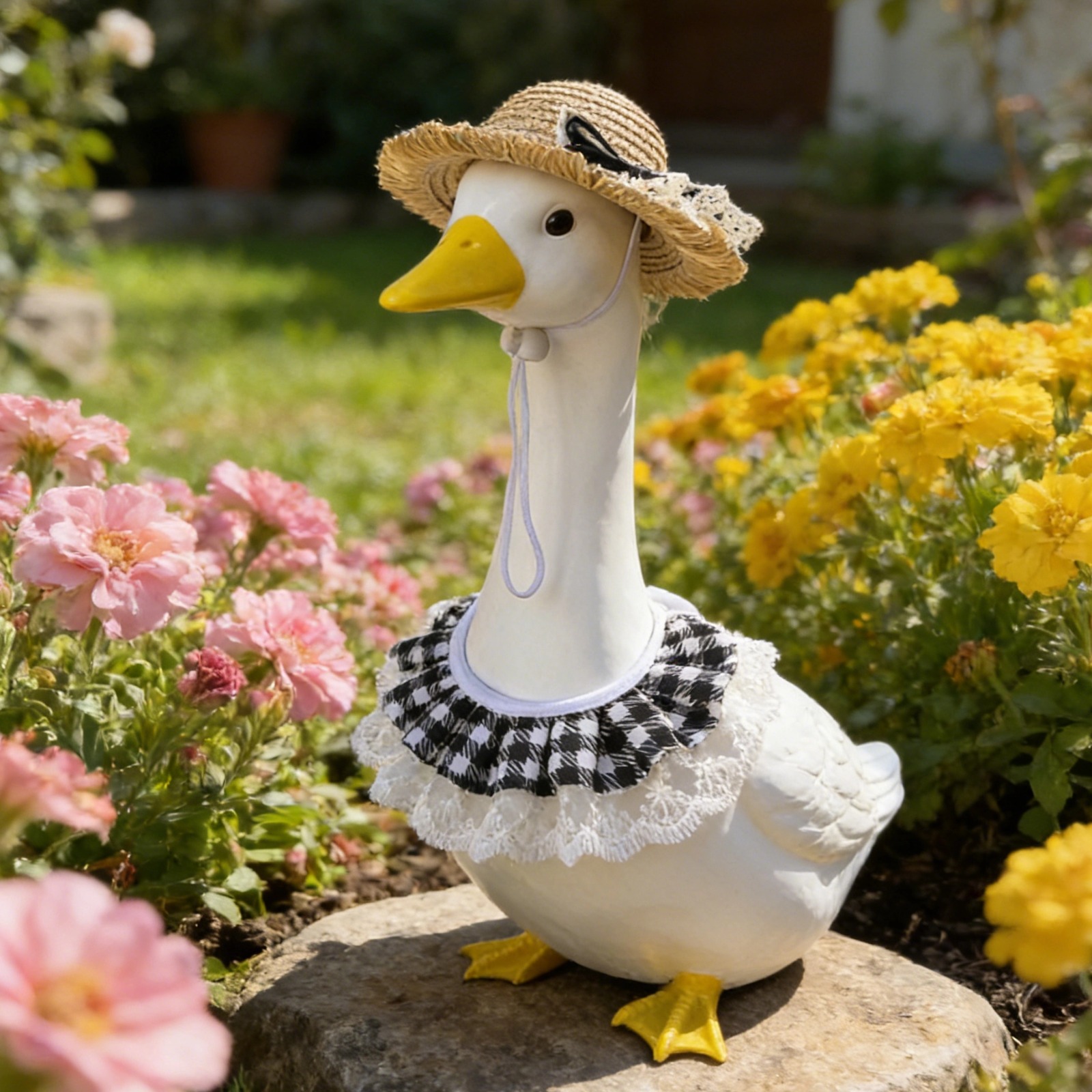 Vintage Pastoral Plaid Porch Goose Outfit - Woven Straw Hat (with Black ...