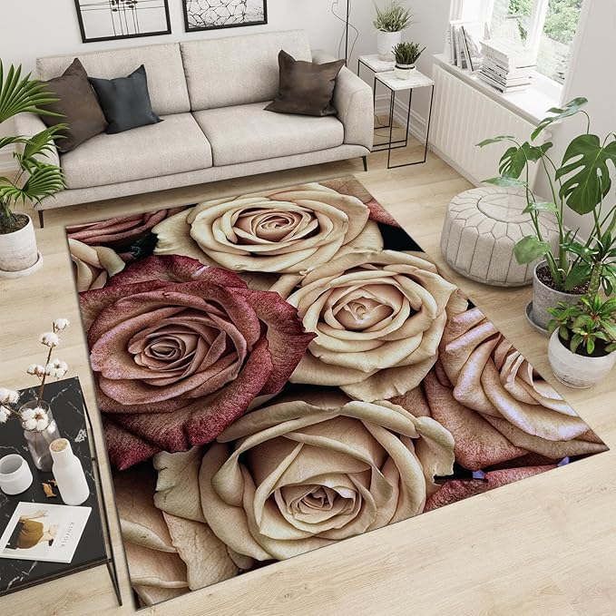Vintage Pastoral Rose Flower Area Rugs, Romantic Roses Indoor Non-Slip ...