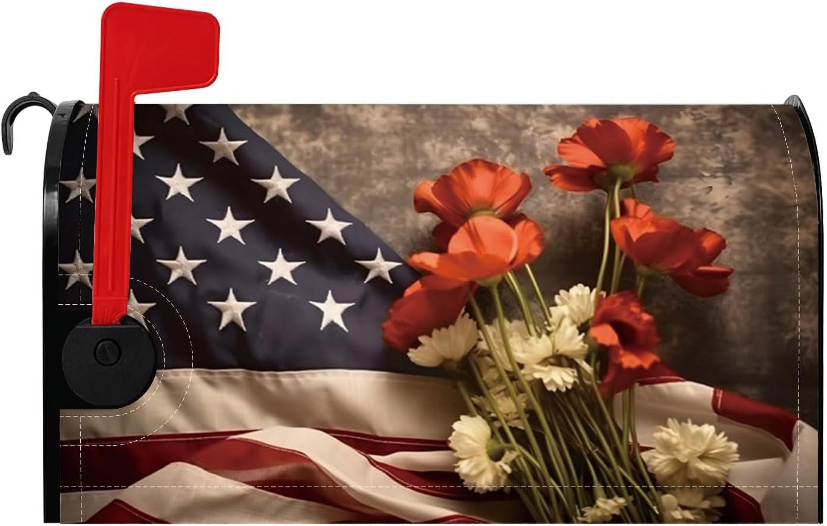 Vintage Patriotic Mailbox Cover Blue Red White America National Flag Floral Magnetic Mailbox ...