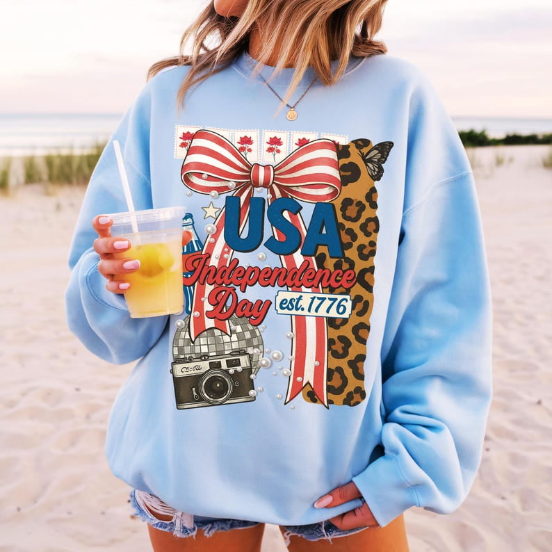 Vintage Patriotic USA Sweatshirt, 4th of July Bow Leopard Disco Camera ...