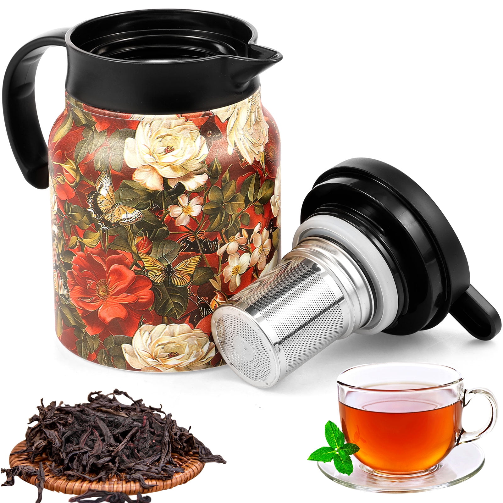 Vintage Pattern Tea Pot Insulated Teapot Built-in Infuser, Stainless ...