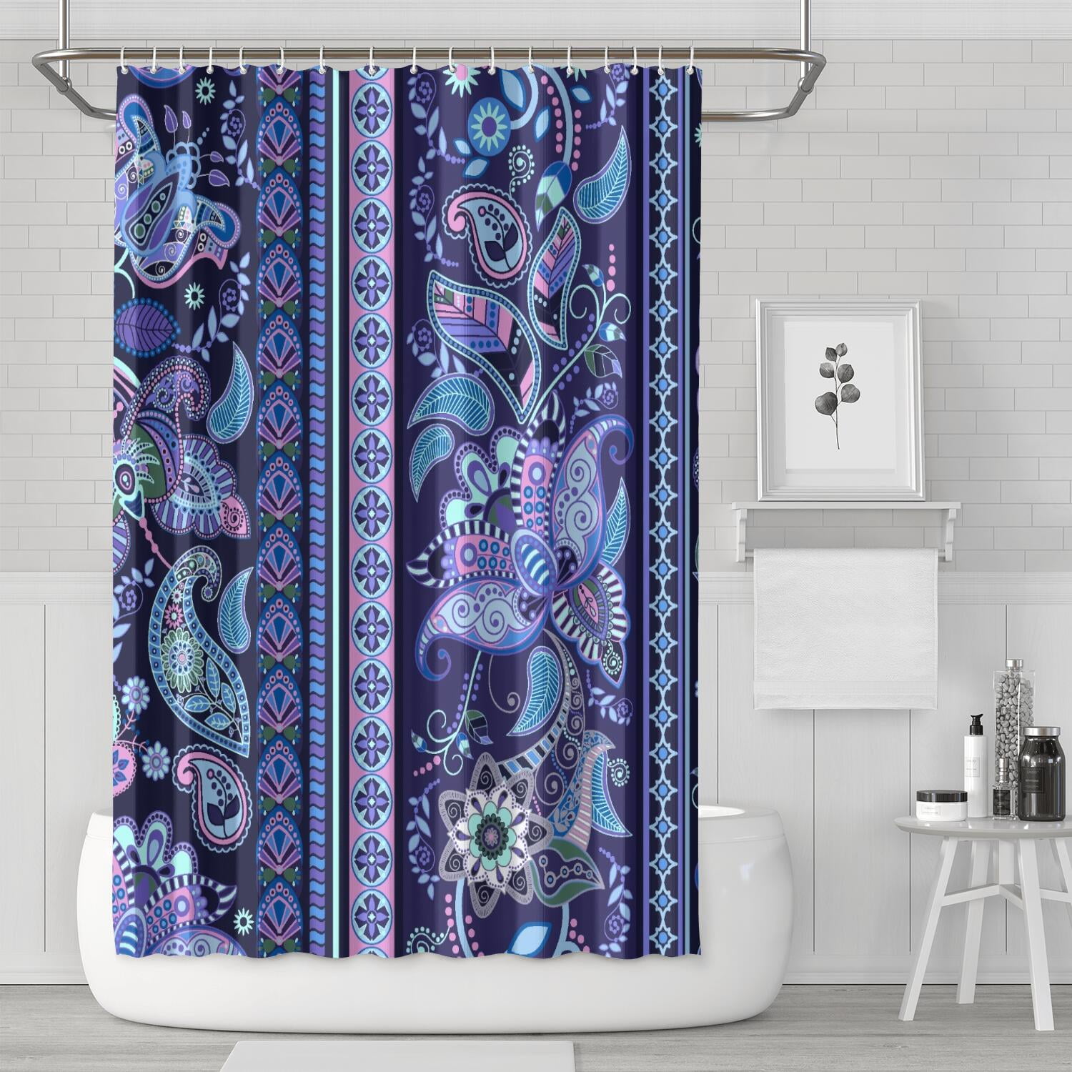 Vintage Patterned Floral Curtain 72x72 Inches, Quick-Dry Polyester with Plastic Hooks, Boho Chic ...