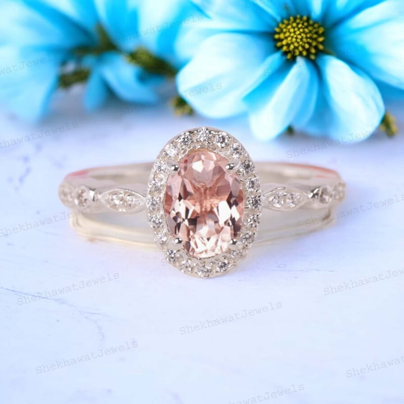 Vintage Peachy Pink Morganite Ring oval morganite ring Unique rose gold ...