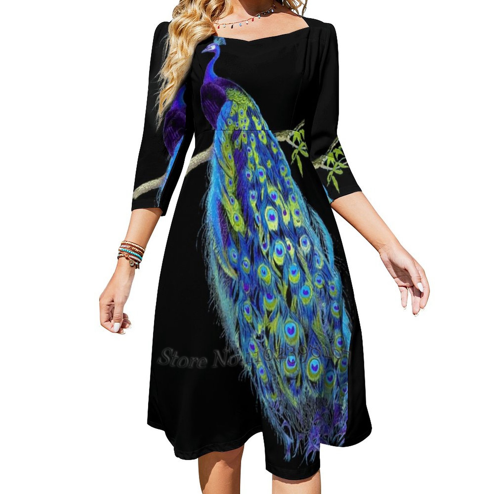 Vintage Peacock Cobalt Blue Green Sweetheart Knot Flared Dress Fashion ...