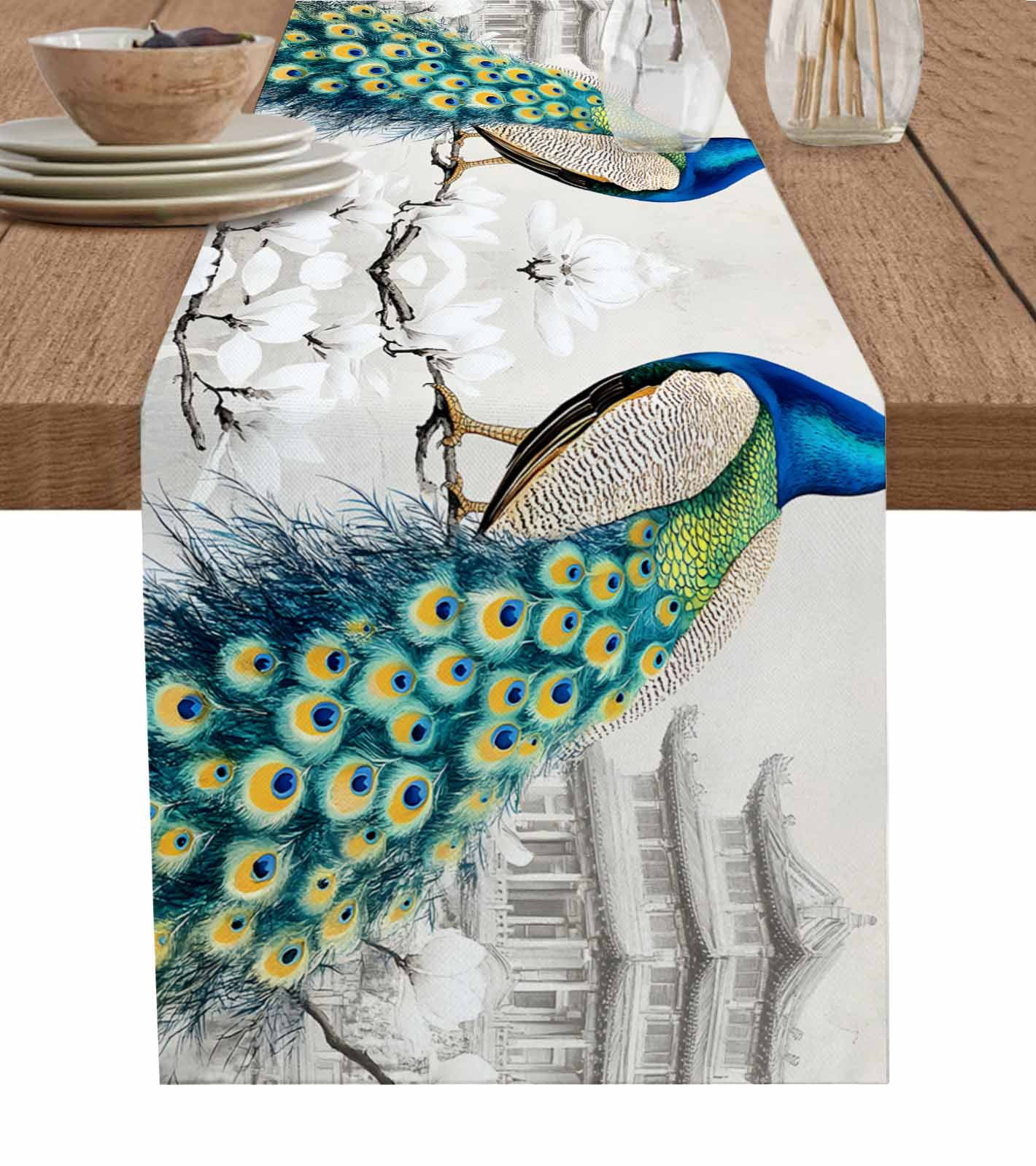 Vintage Peacock Table Runner 120 Inches, Watercolor Peacock Feather ...