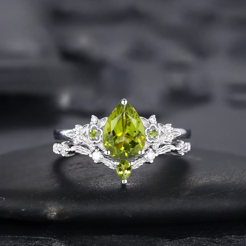 Vintage Pear Shape Peridot Floral Engagement Ring Set IN 925 Sterling ...
