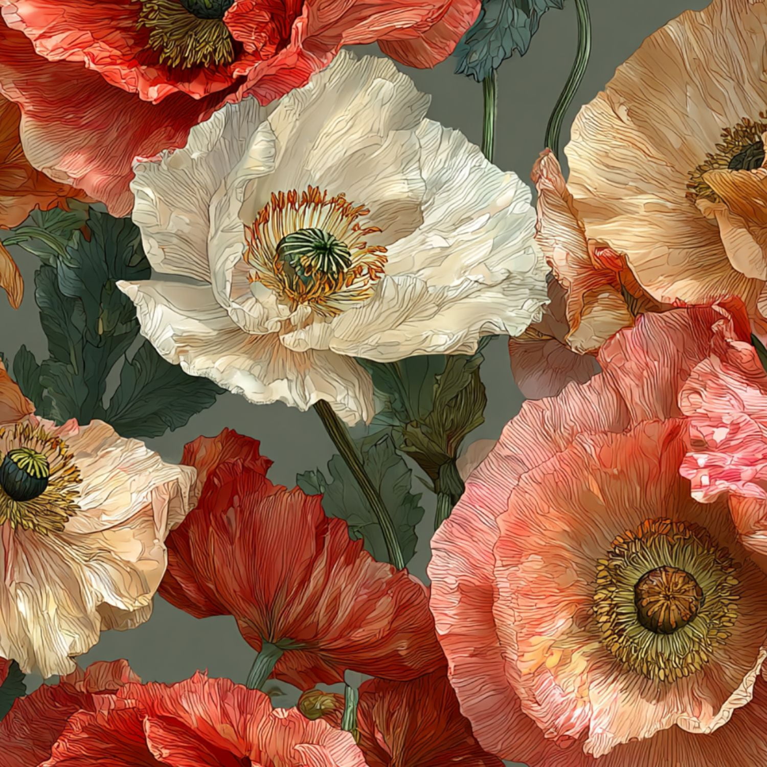 Vintage Peel and Stick Wallpaper Sketch Poppy Flower Highlighting ...