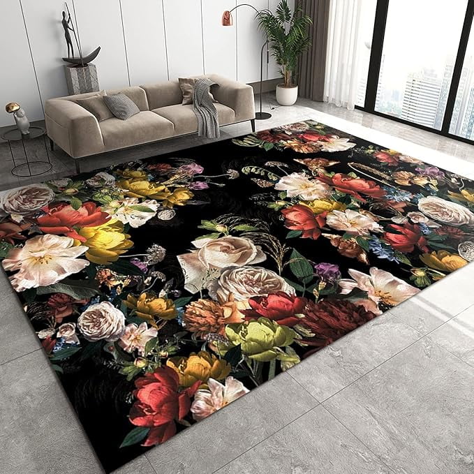 Vintage Peony Rose Area Rugs, Black 3D Romantic European Flowers Living ...