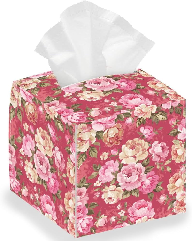 Vintage Peony Tissue Box Holder Leather Square Foldable Facial Paper ...