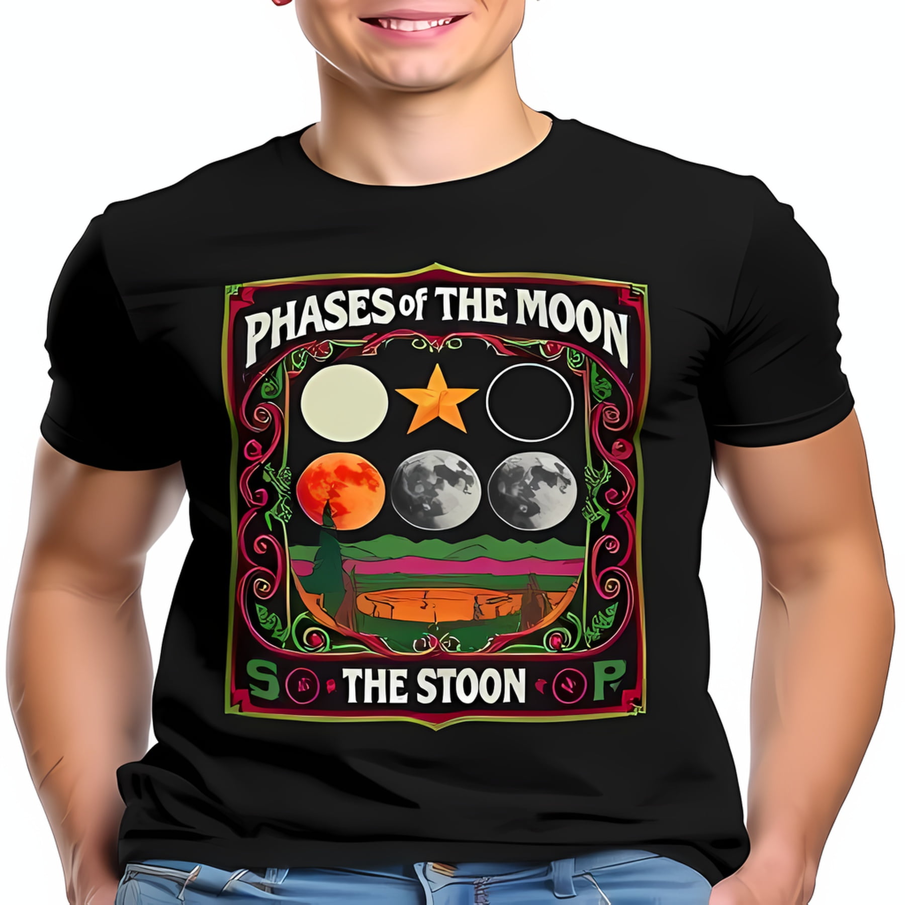 Vintage Phases of the Moon T-Shirt - Cycle Design with Decorative ...