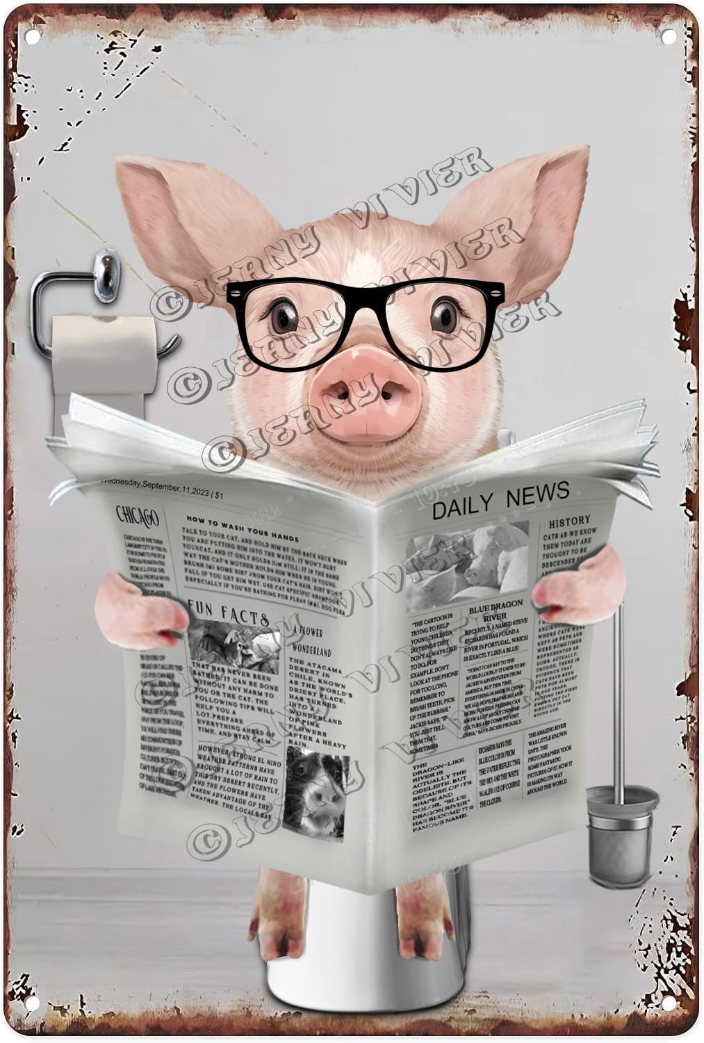 Vintage Pig Sit On The Toilet And Read The Newspaper Tin Sign Funny ...