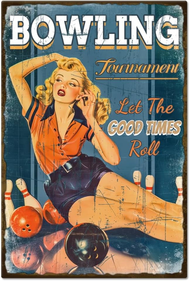 Vintage Pin Up Lady Metal Tin Sign 8×12inch Retro Bowling Funny Tin Room Door Sign Tin Painting ...