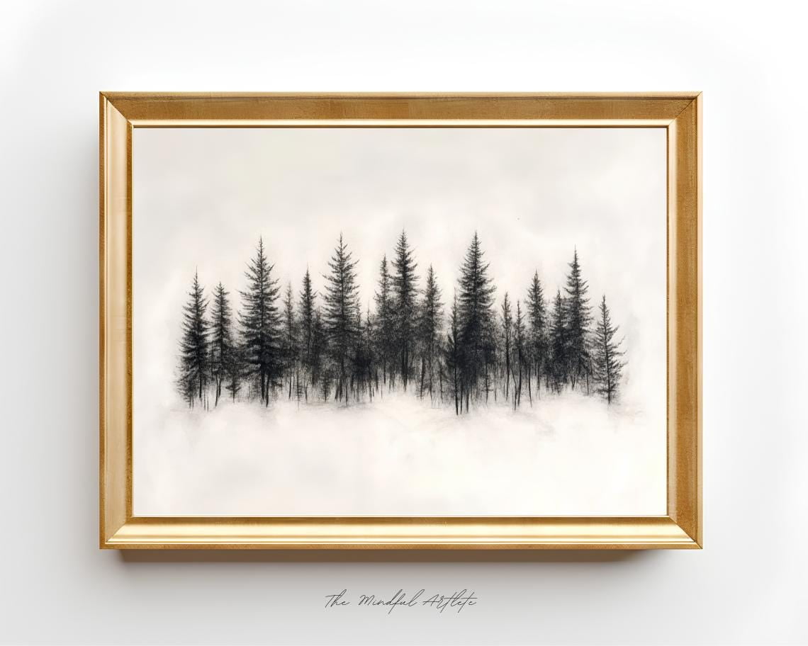 Vintage Pine Sketch Pine Forest Pencil Rustic Winter Print Vintage ...