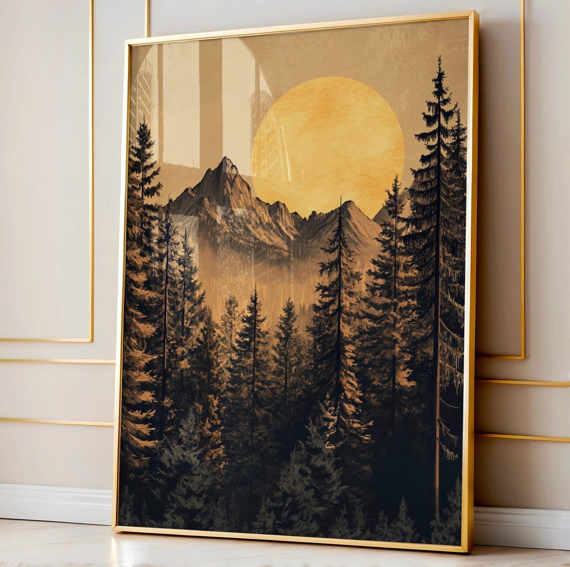 Vintage Pine Tree Forest Art, Full Moon Landscape Painting, Rustic Mountain Art, Golden Woodland ...