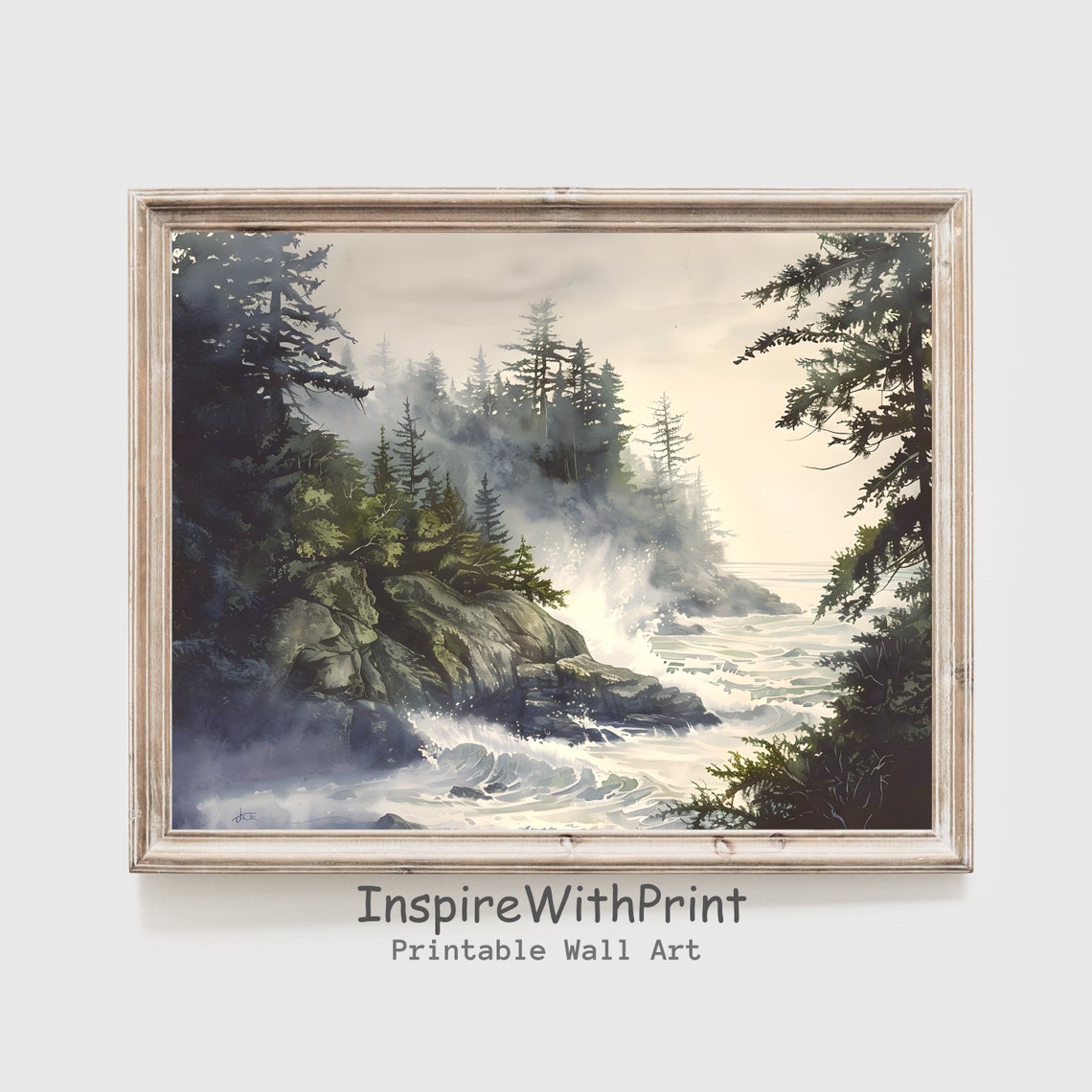 Vintage Pine Tree Landscape , Misty Pine Forest By The Coastal Waves ...