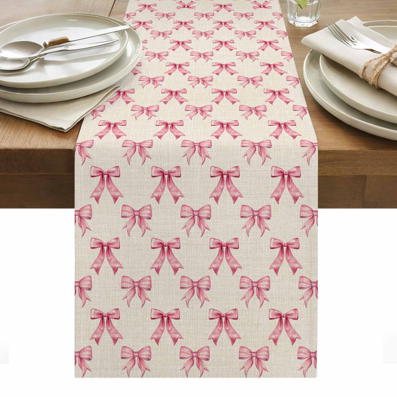 Vintage Pink Bow Table Runner - 48 Inch Long, Kitchen Dining Table ...