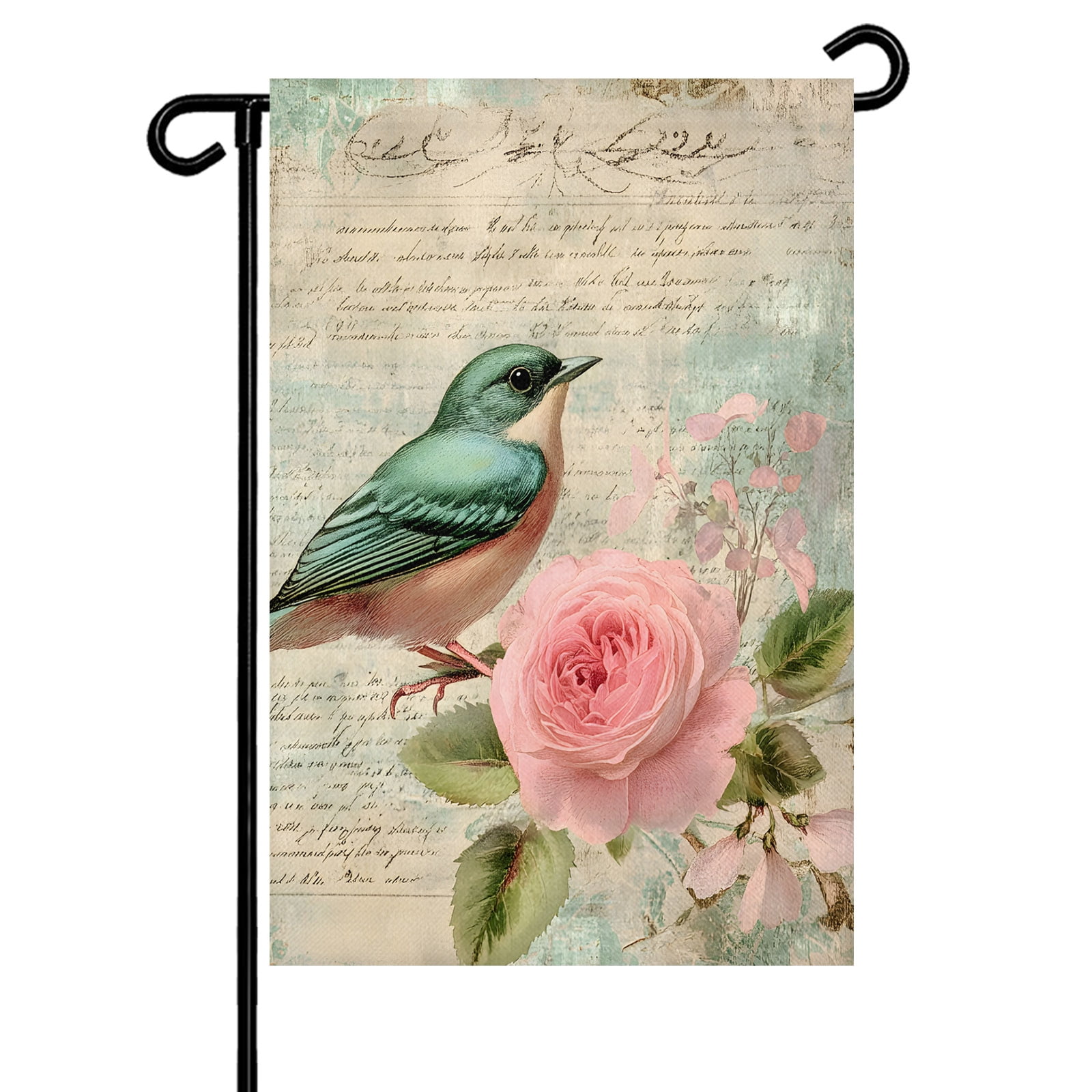 Vintage Pink Rose Garden Flag 12x18 Inch Bird Newspaper Retro Flower ...