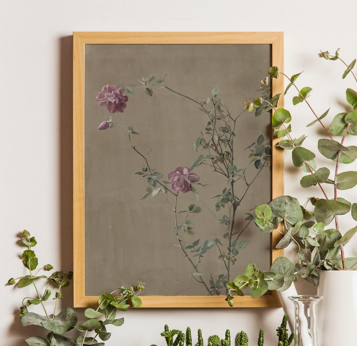 Vintage Pink Roses Botanical Poster: Neutral Farmhouse Decor, Unframed ...
