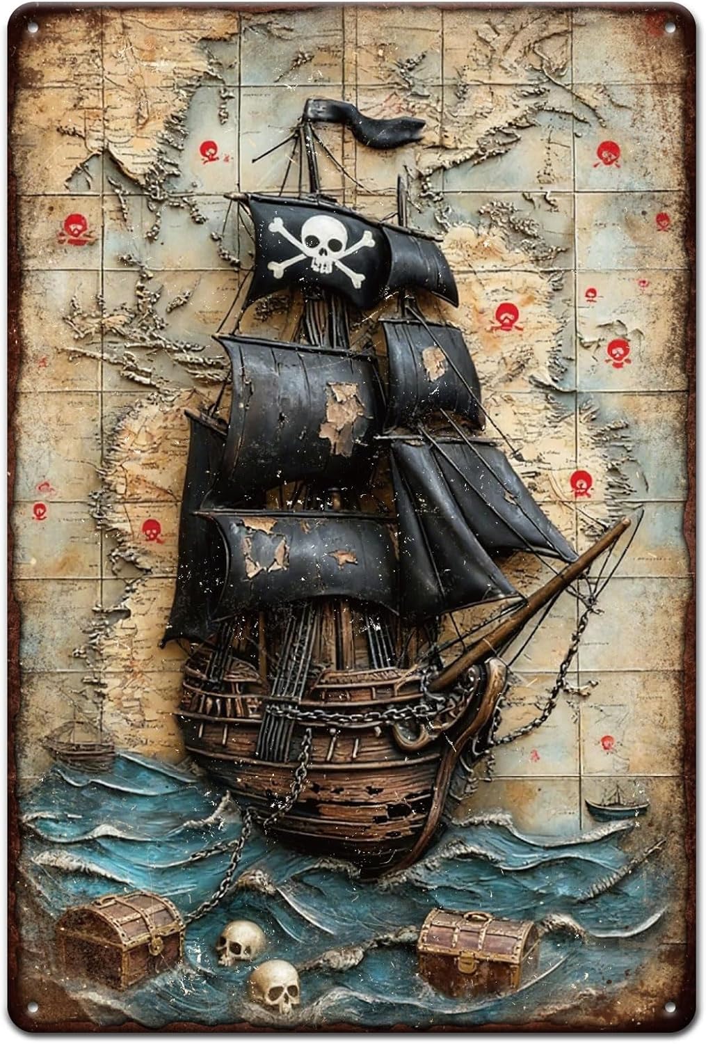 Vintage Pirate Ship Metal Tin Sign 12x8inch Skull Ocean Tin Signage ...
