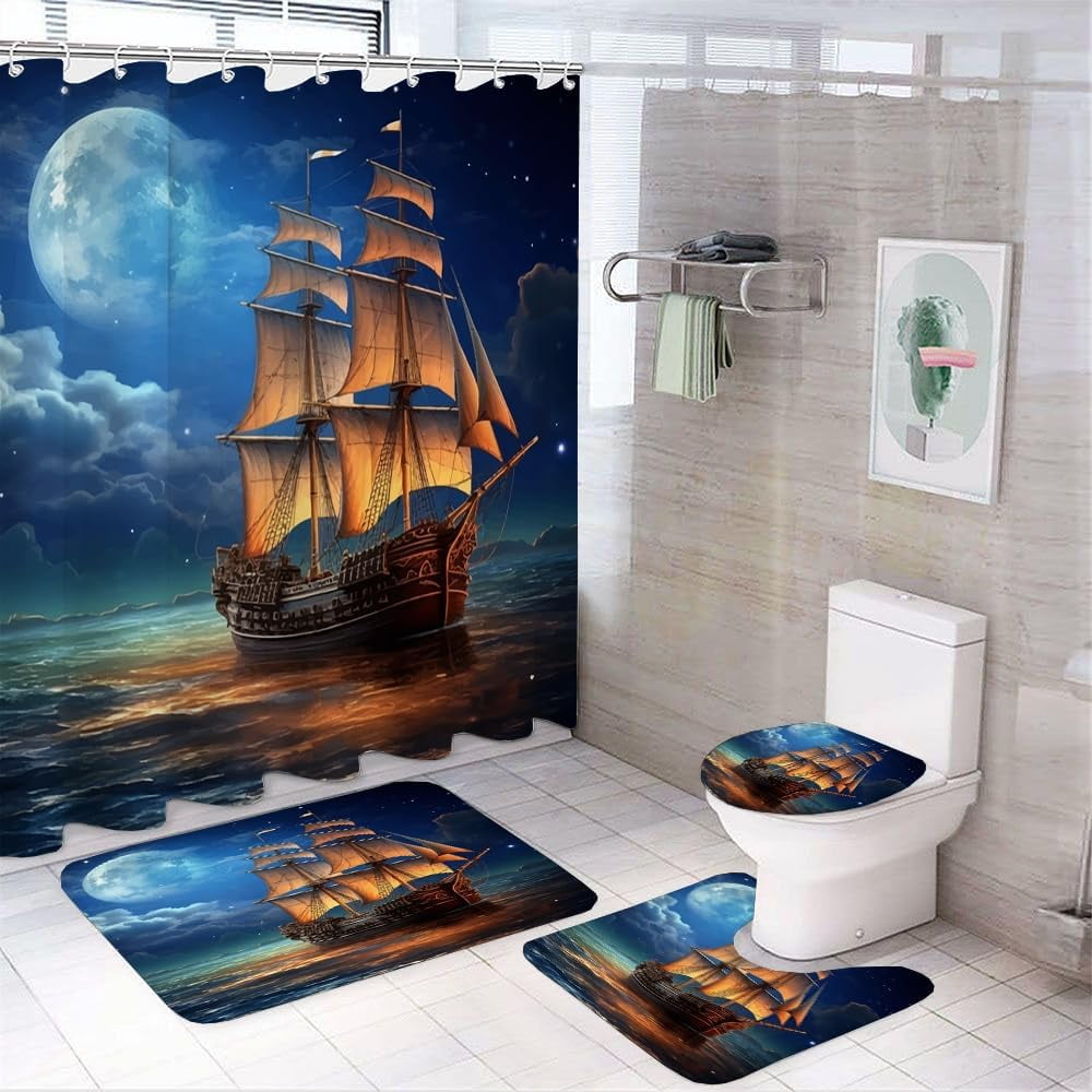 Vintage Pirate Ship Shower Curtain Sets 4 Piece,Watercolor Norse Viking ...