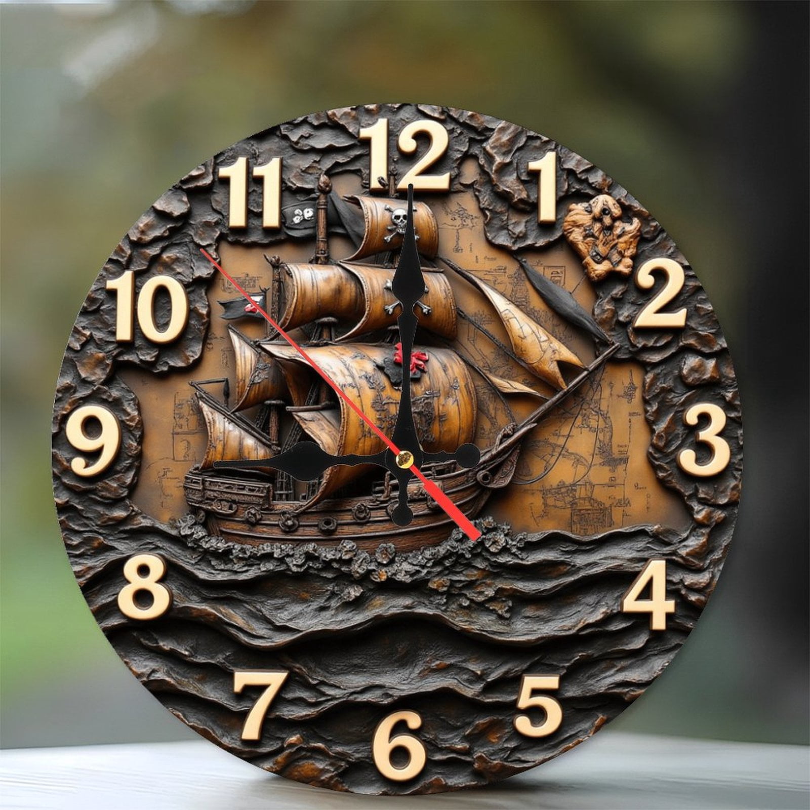 Vintage Pirate Ship Wall Clock Resin Nautical Home Decor 10-Inch Silent ...