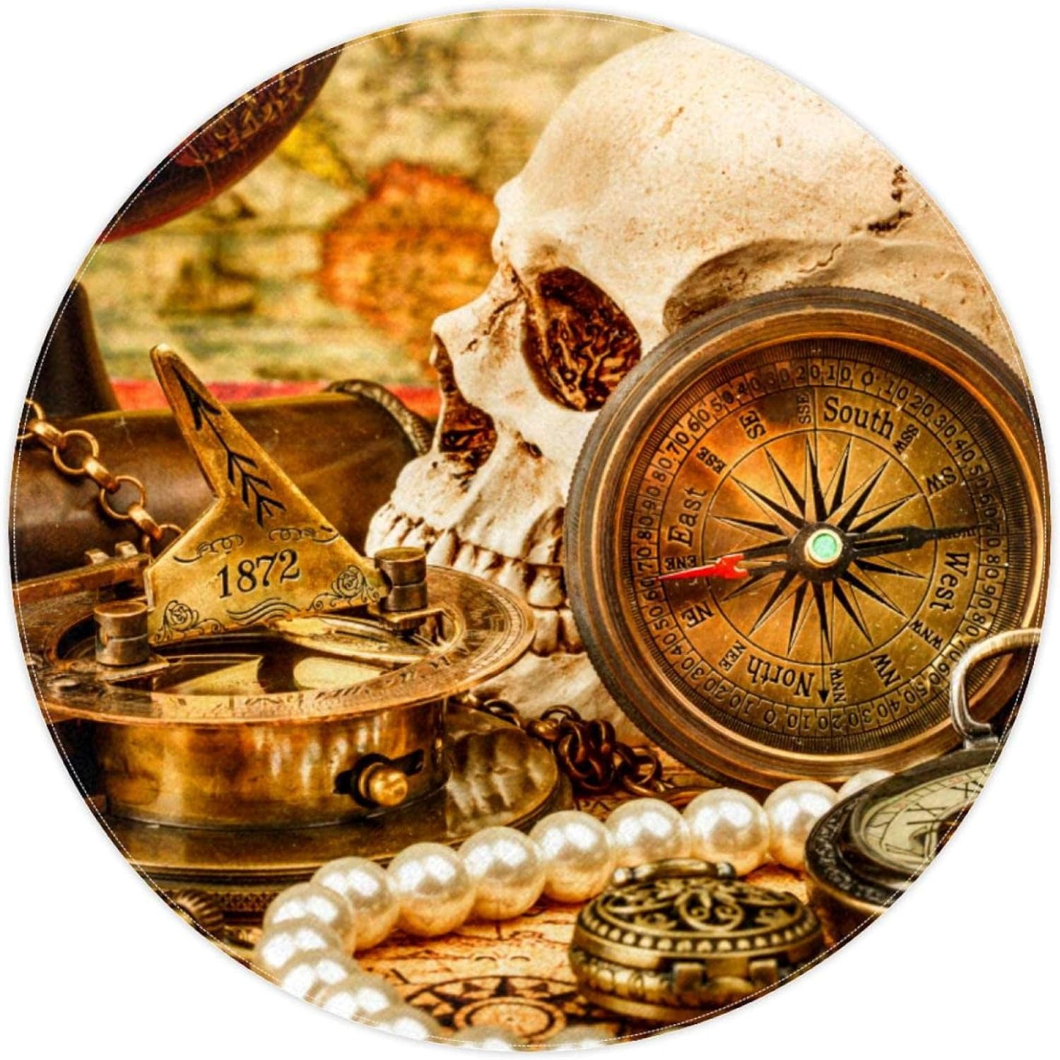 Vintage Pirate Skull Compass Treasures Round Area Rug Non-Slip Floor ...