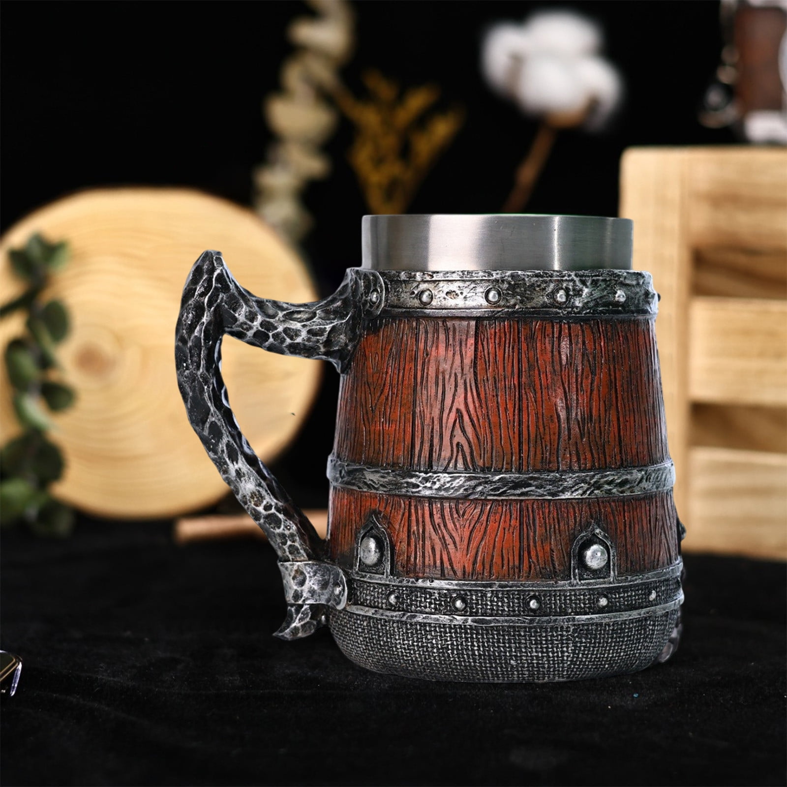 Vintage Pirate-Style Stainless Steel Beer Mug - 600ml Wooden Barrel ...