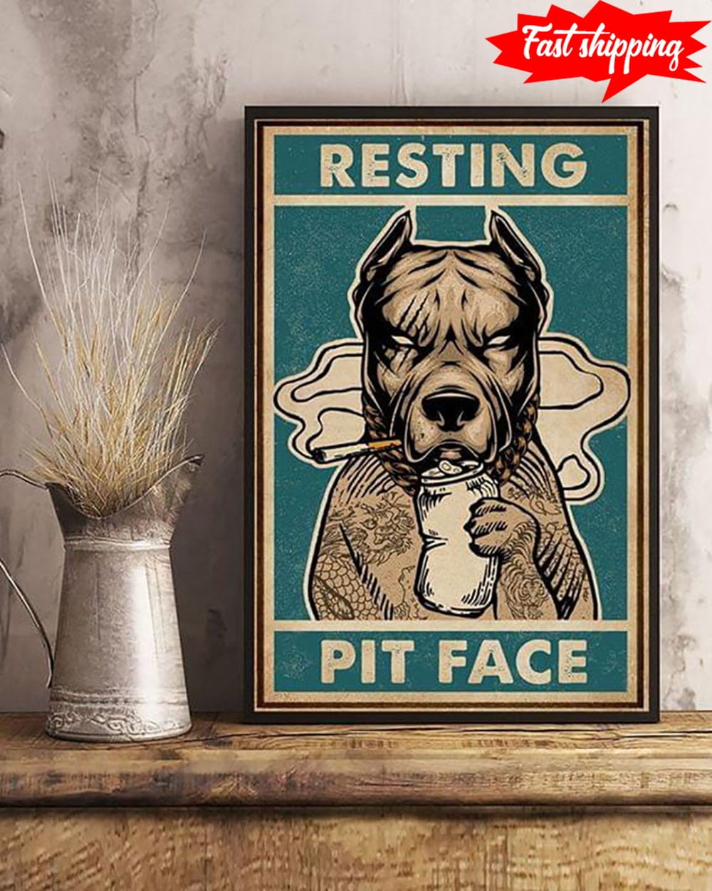Vintage Pit Bull With Tattoos Smoking & Drinking Resting Pit Face 11 x ...