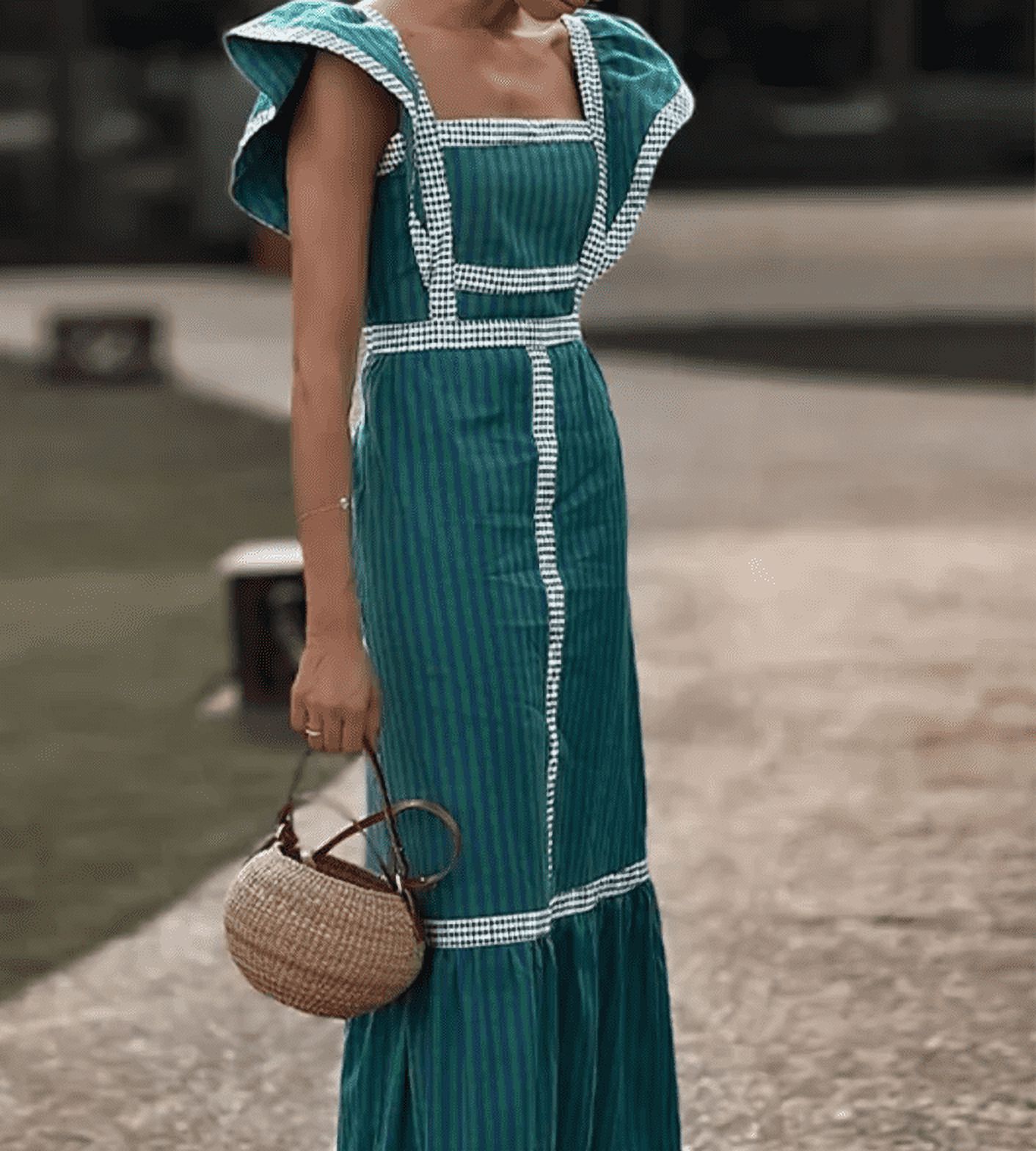 Vintage Plaid Flying Sleeve Shoulder Midi Dress Elegant Spliced Square ...