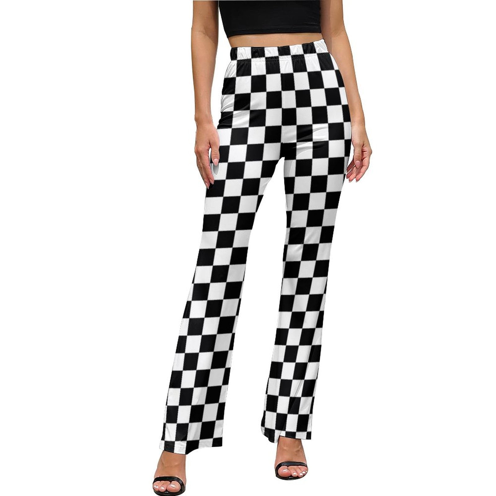 Vintage Plaid Pants Black White Checkered Kawaii Flared Trousers Summer ...