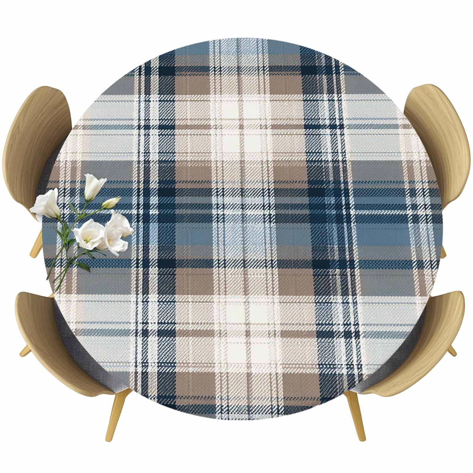 Vintage Plaid Round Fitted Tablecloth with Elastic Edge, Blue Brown ...
