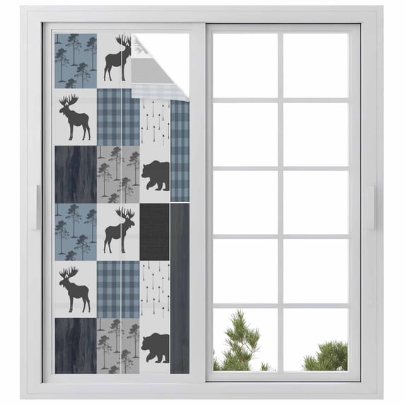 Vintage Plaid Window Privacy Film, Farmhouse Bear Deer Trees Forest ...