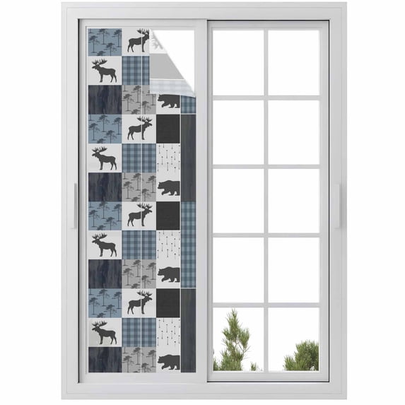 Vintage Plaid Window Privacy Film, Farmhouse Bear Deer Trees Forest ...