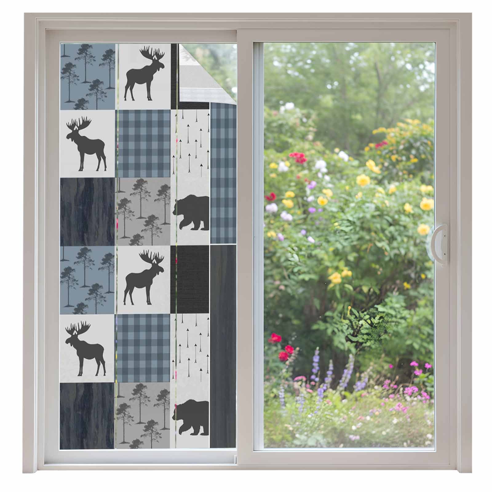 Vintage Plaid Window Privacy Film, Farmhouse Bear Deer Trees Forest ...