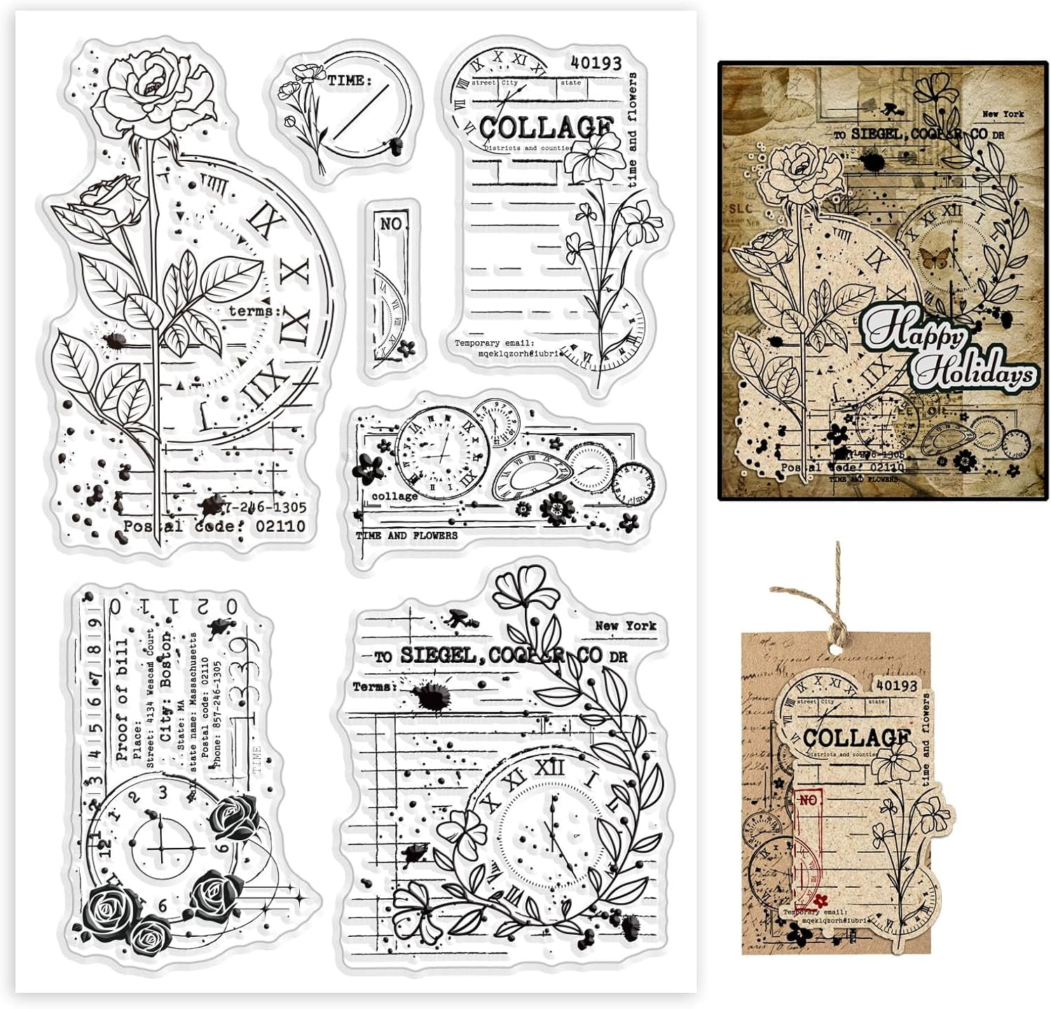 Vintage Plant Clear Stamps for Cards Making Time Planning Clock ...