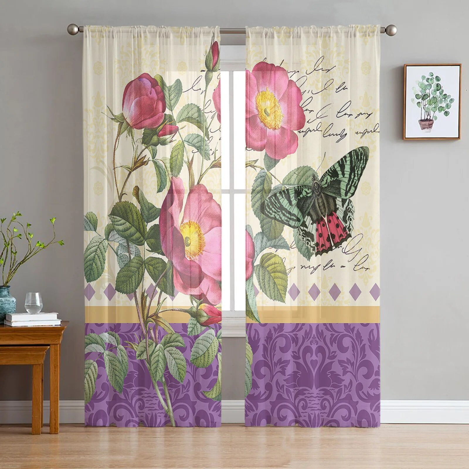 Vintage Plant Flower Butterfly Purple Tulle Voile Curtains For Bedroom ...