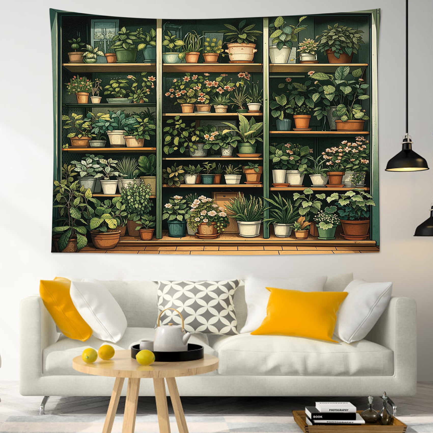 Vintage Plant Tapestry Wall Hanging Green Botanical Floral Flowerpot on ...