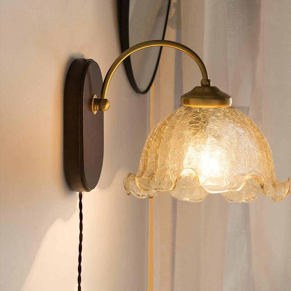 Vintage Plug in Wall Light Wood Sconce Glass Wall Lamp Shade, Rustic ...